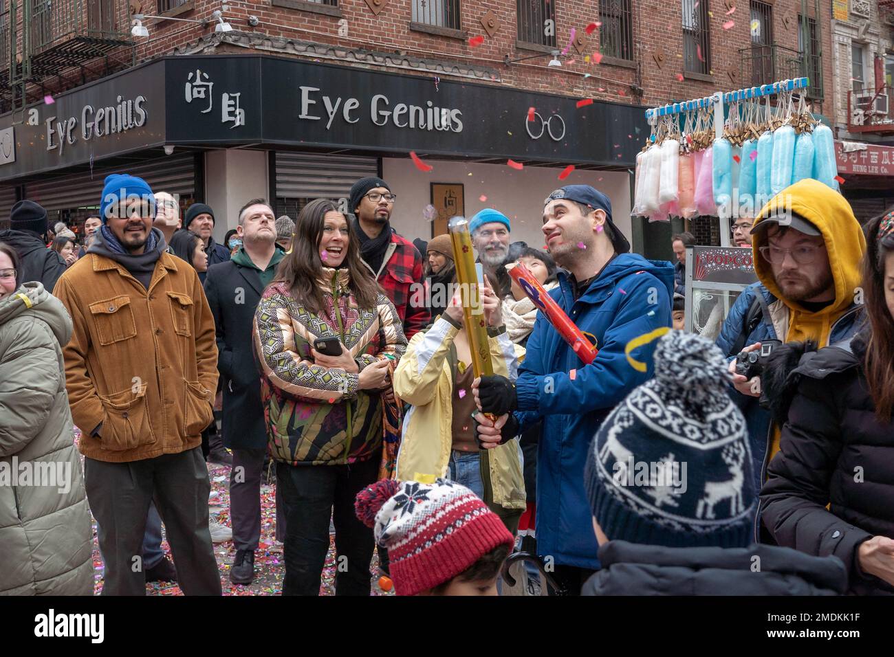 New York, United States. 22nd Jan, 2023. Revelers pop confetti poppers ...