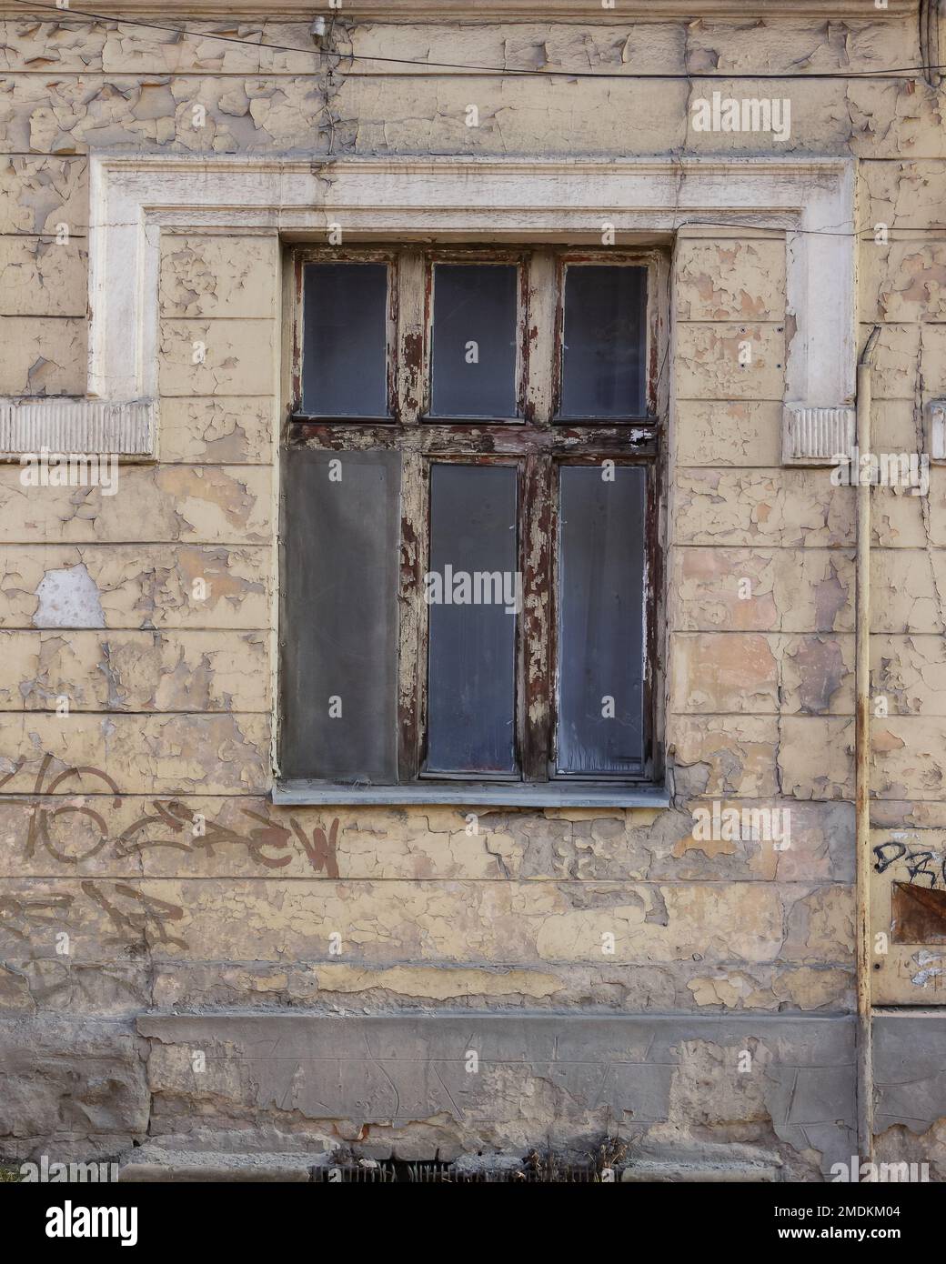 vintage windows on the old facade. abandoned architecture exterior ...