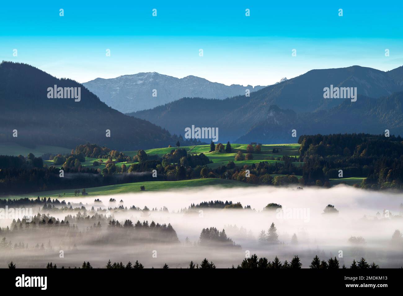 flat morning fog in a depression in front of Wetterstein Mountains and ...