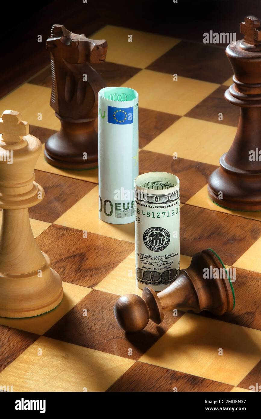 chess with Euro and Dollar bill, composing Stock Photo - Alamy