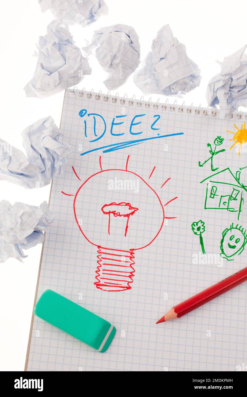 sheet of paper with the word Idee and a drawing of an electric bulb ...