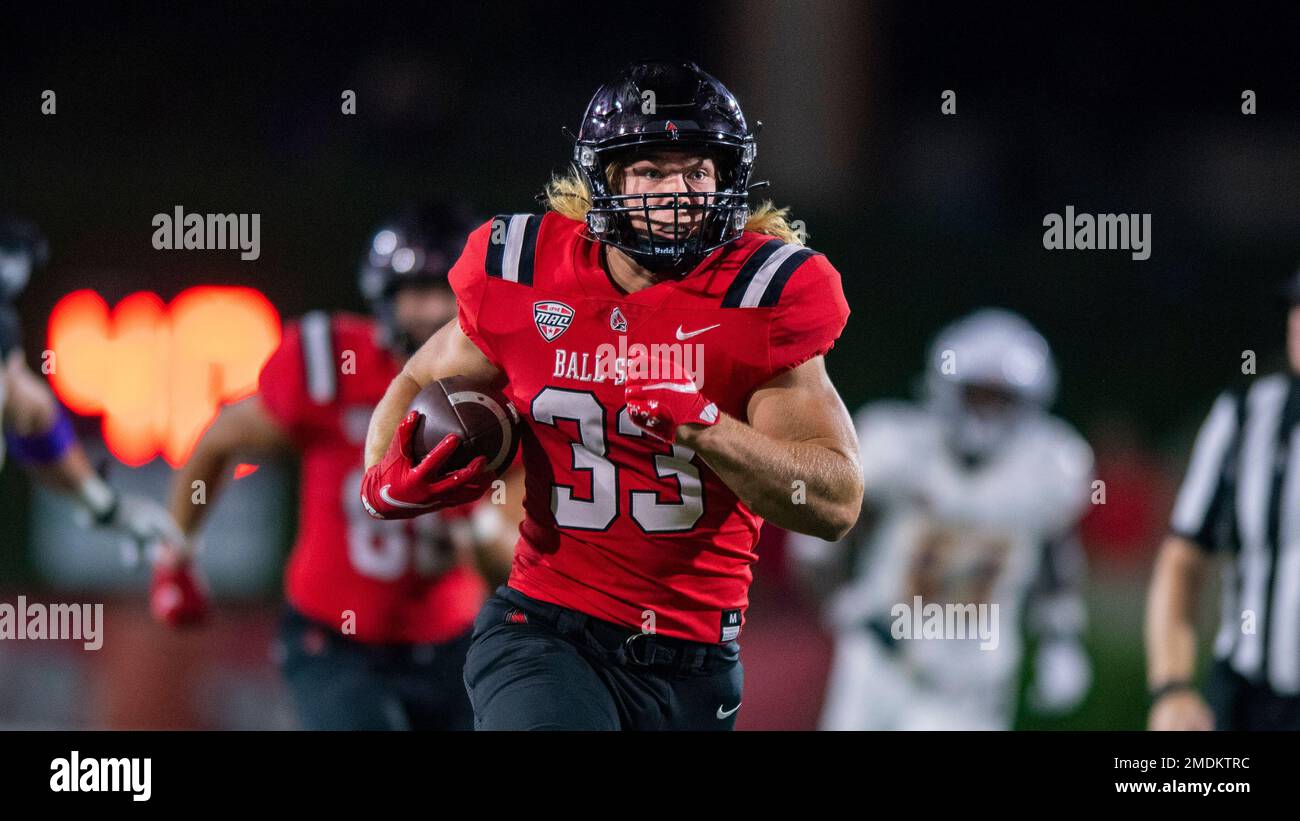 Ball State running back Carson Steele (33) rushes the ball out of the ...