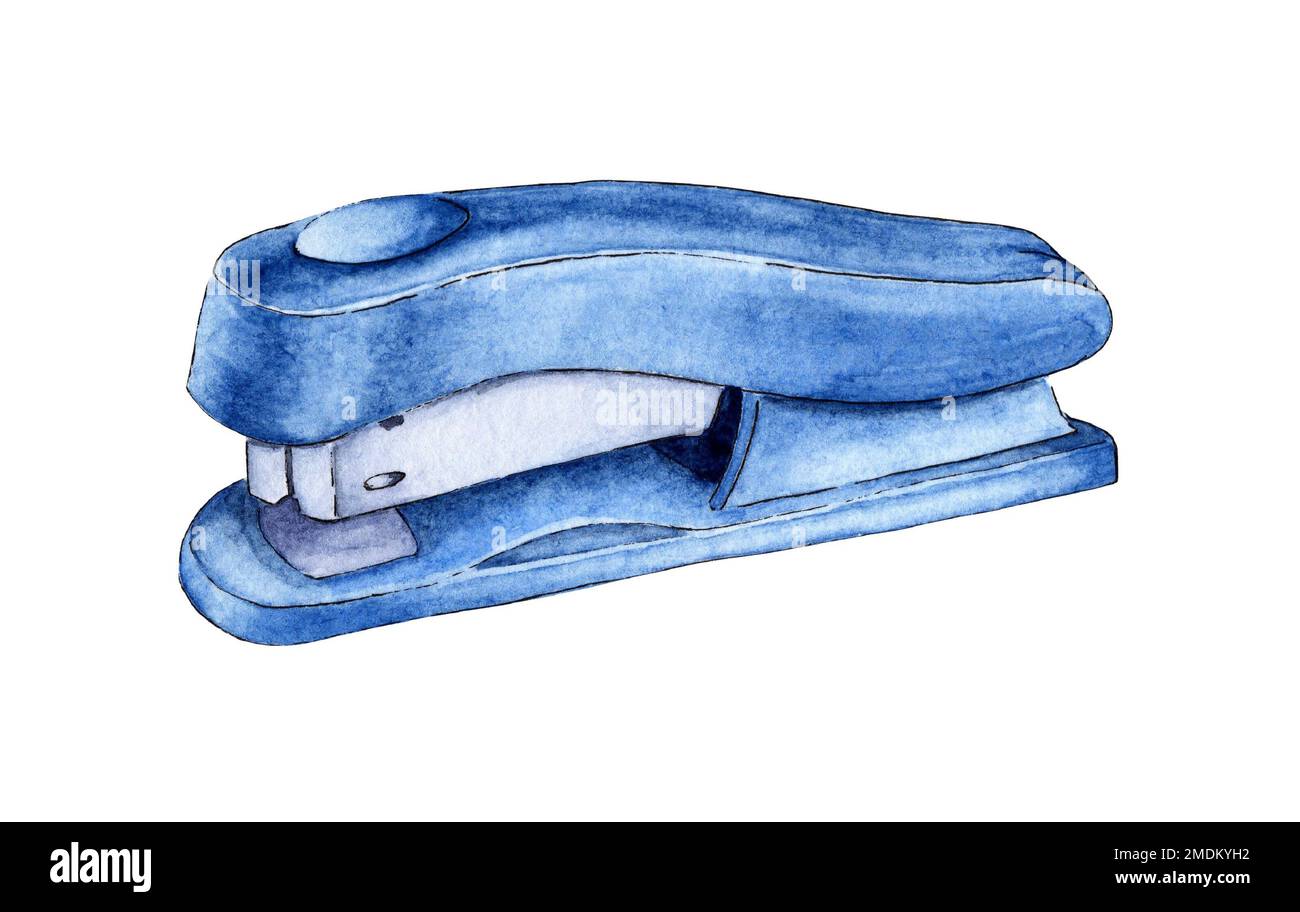 Watercolor illustrations of a stationery stapler in blue color for ...