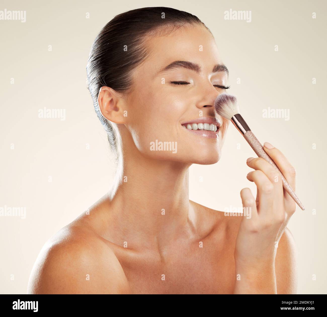 Brush for makeup, face and smile with woman in beauty mockup, skincare ...