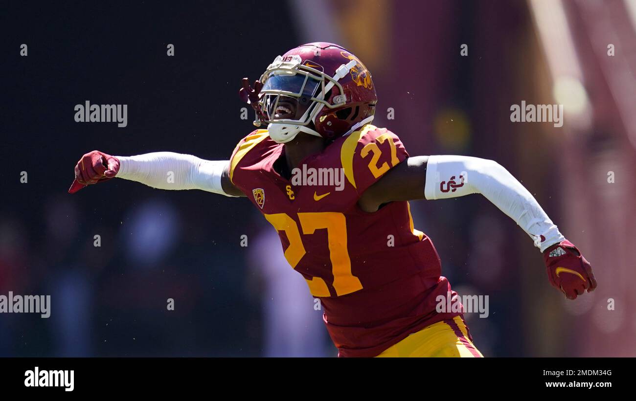 Southern California safety Calen Bullock (27) celebrates after a tackle ...