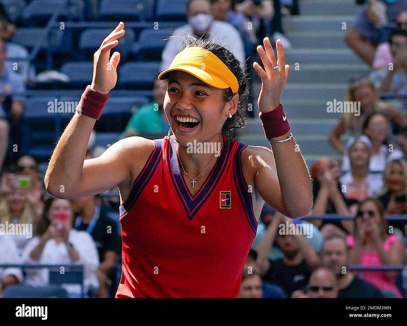 Emma Raducanu, of Great Britain, reacts after defeating Belinda Bencic ...