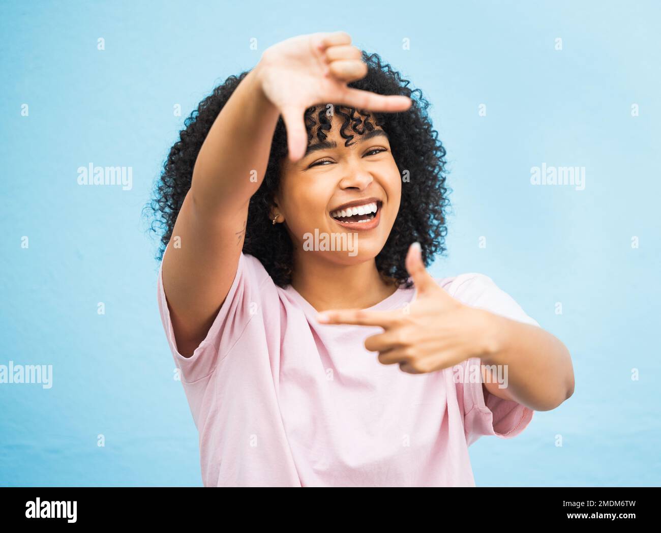 Black woman, hands and smile for frame, picture perfect or photo ...