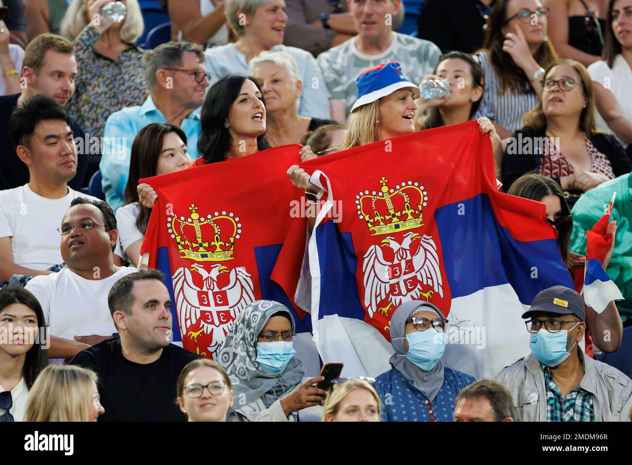 Melbourne, Australia. 23rd Jan, 2023. Serbian fans in the crowd cheer ...