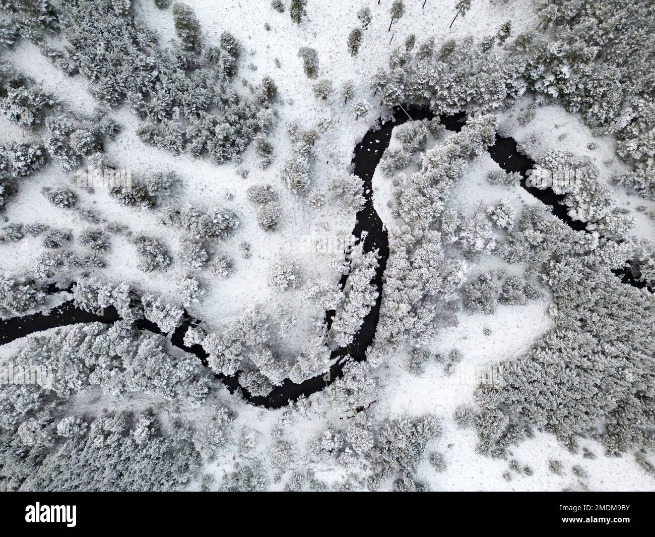 Aviemore, Scotland, UK. 18 January 2023. Aerial view of River Luineag ...