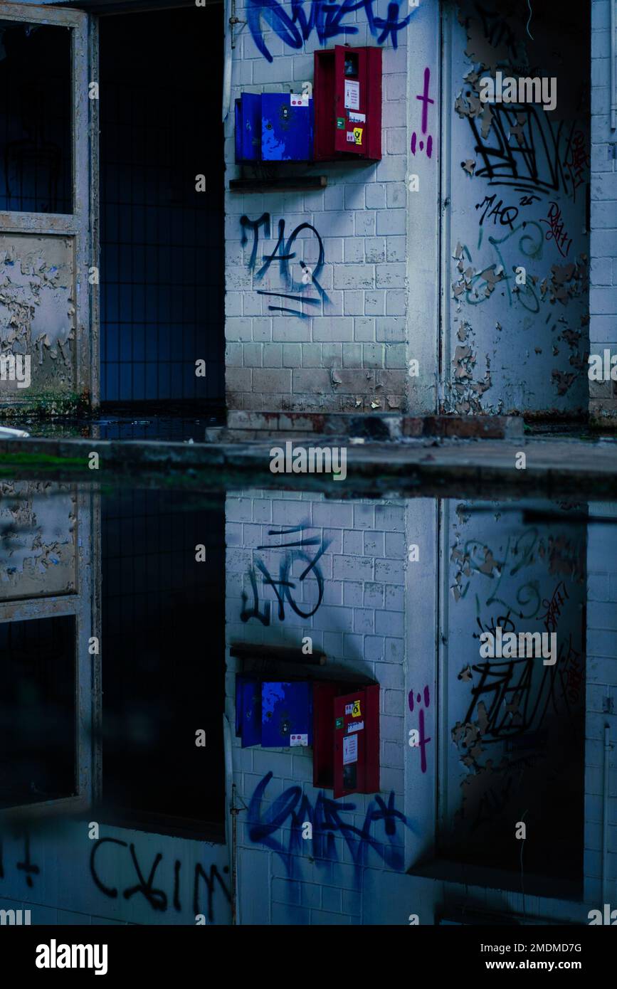 A vertical shot of random graffiti on rusty tiled wall reflecting on ...