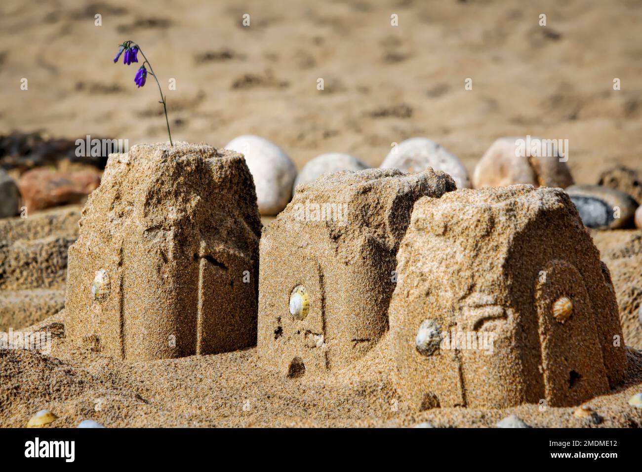 Sand castle with purple flower flags and shell windows Stock Photo - Alamy