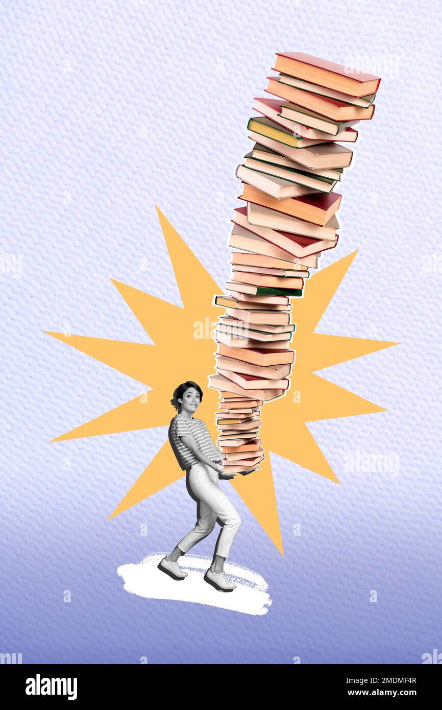 Creative photo 3d collage artwork poster of diligent students carrying ...
