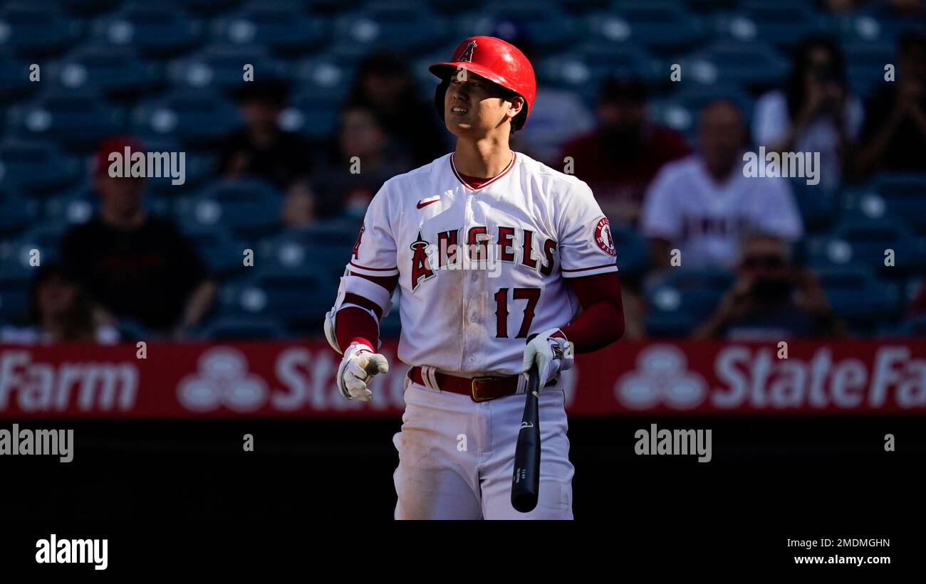 Los Angeles Angels designated hitter Shohei Ohtani (17) bats during a ...