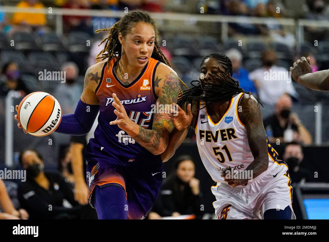 Phoenix Mercury center Brittney Griner (42) drives against Indiana ...