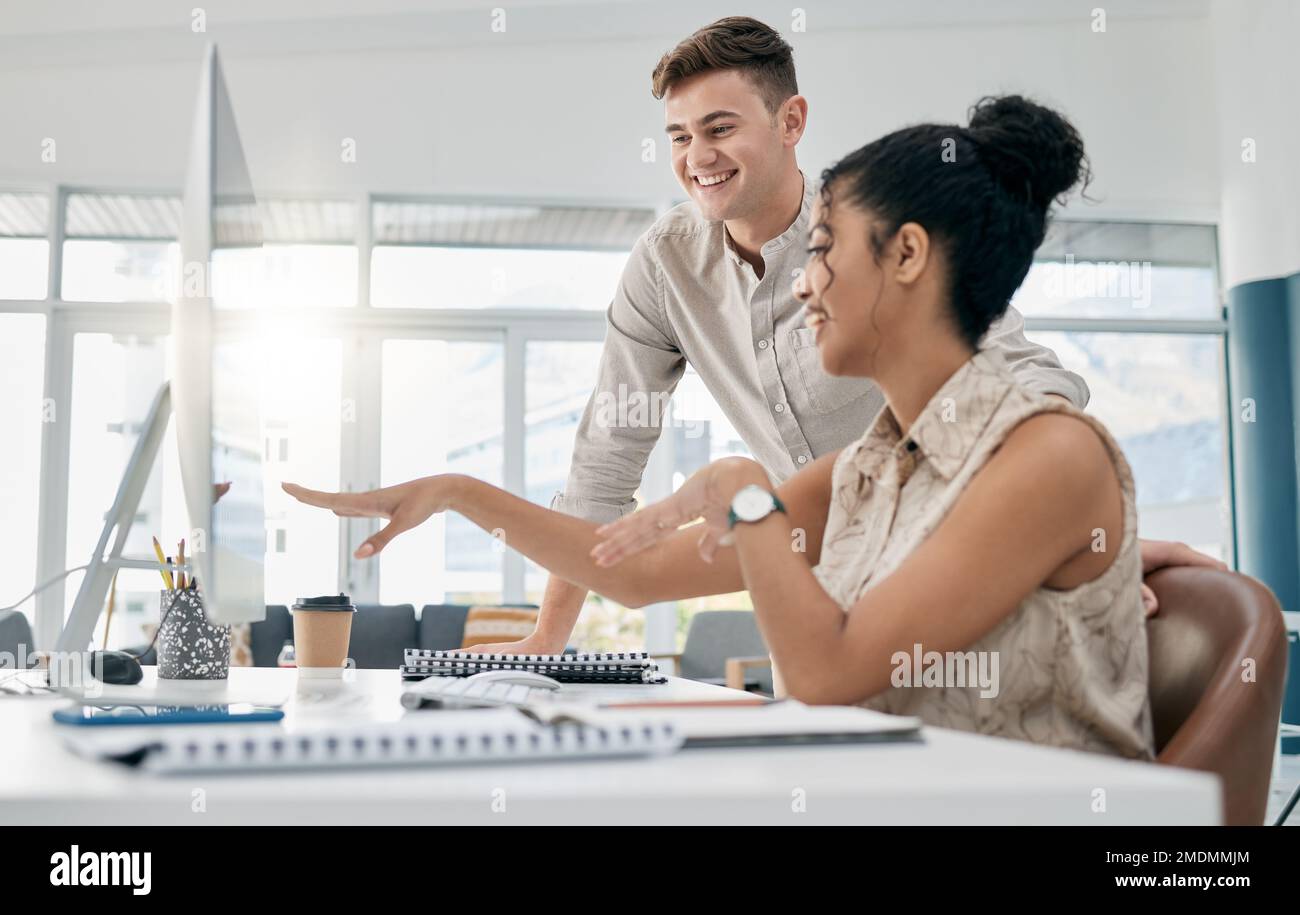 Computer, teamwork and business people in discussion for a project with ...