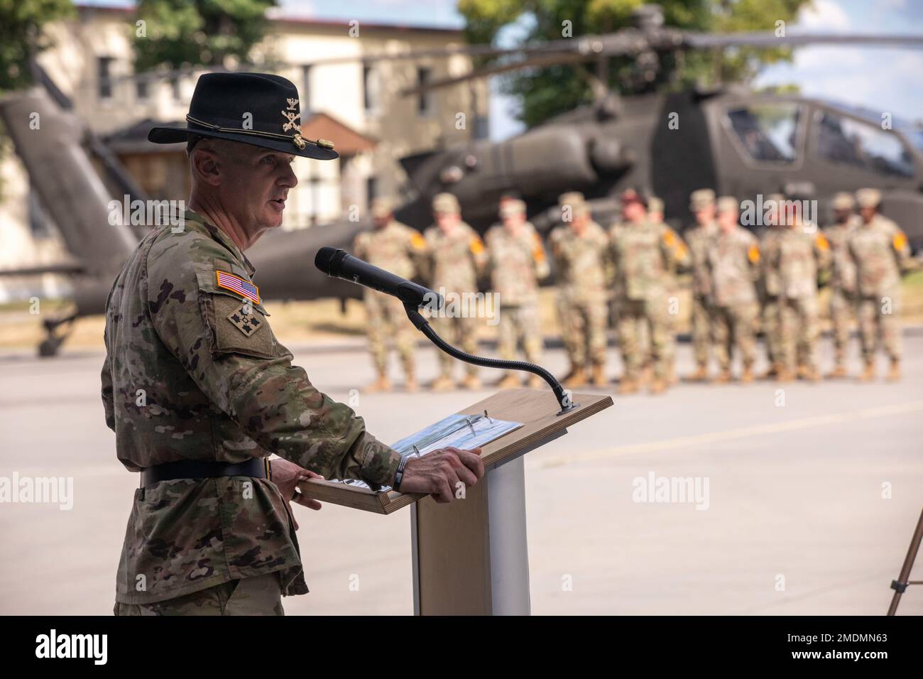 Col. Timothy Jaeger gives remarks during the change of command ceremony ...