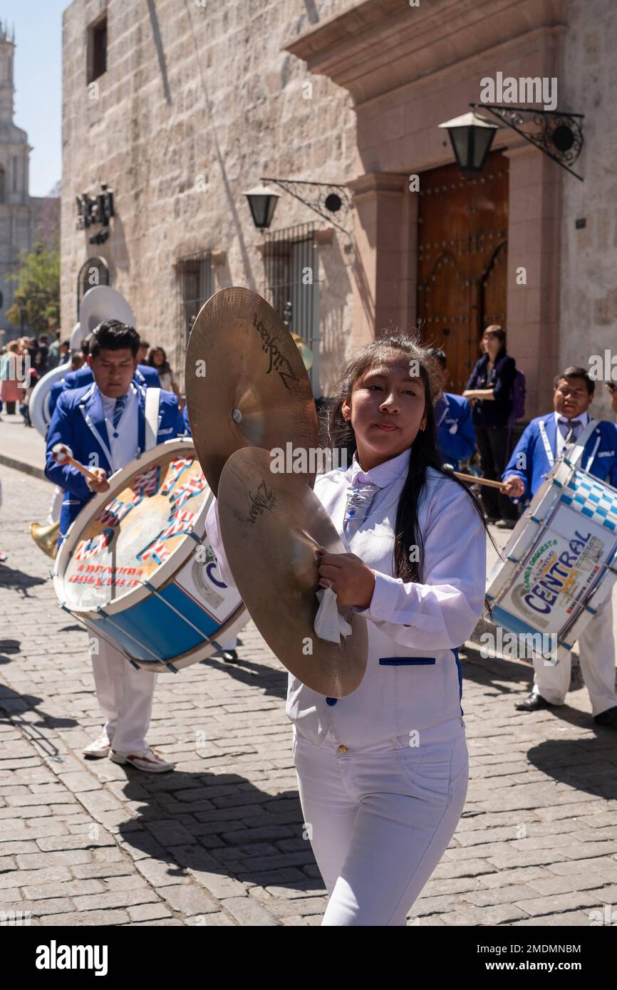 Musicians, parade for the anniversary of the foundation of Arequipa ...