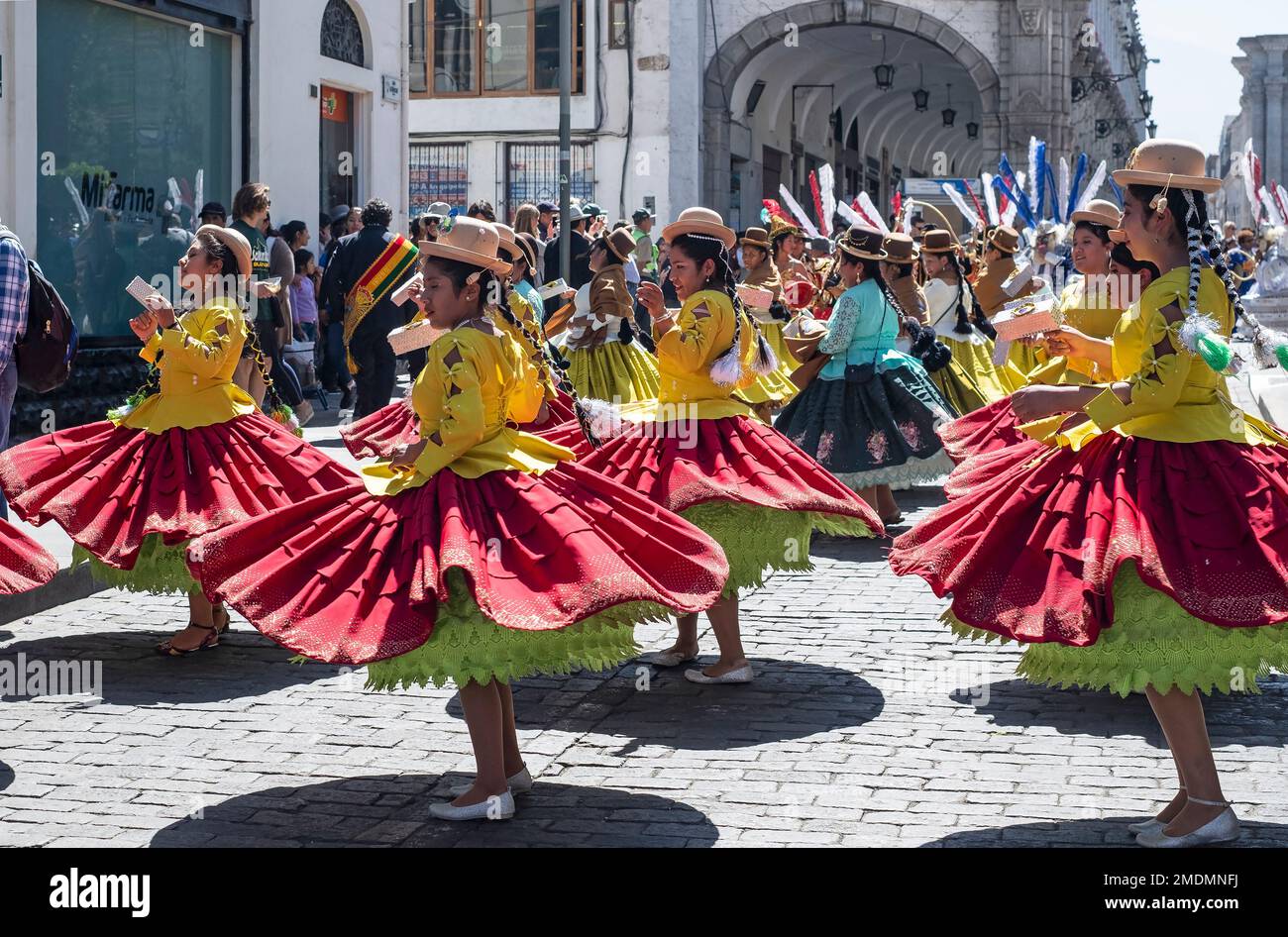 Dancers, parade for the anniversary of the foundation of Arequipa, Peru ...
