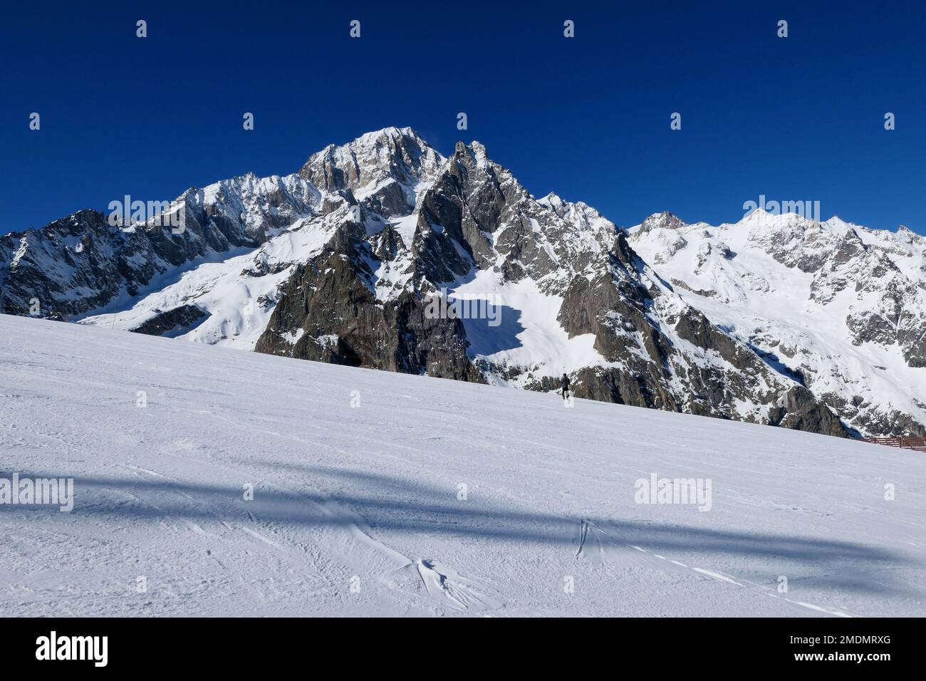 Mont Blanc mountain view from piste in Courmayeur ski resort. Italian ...