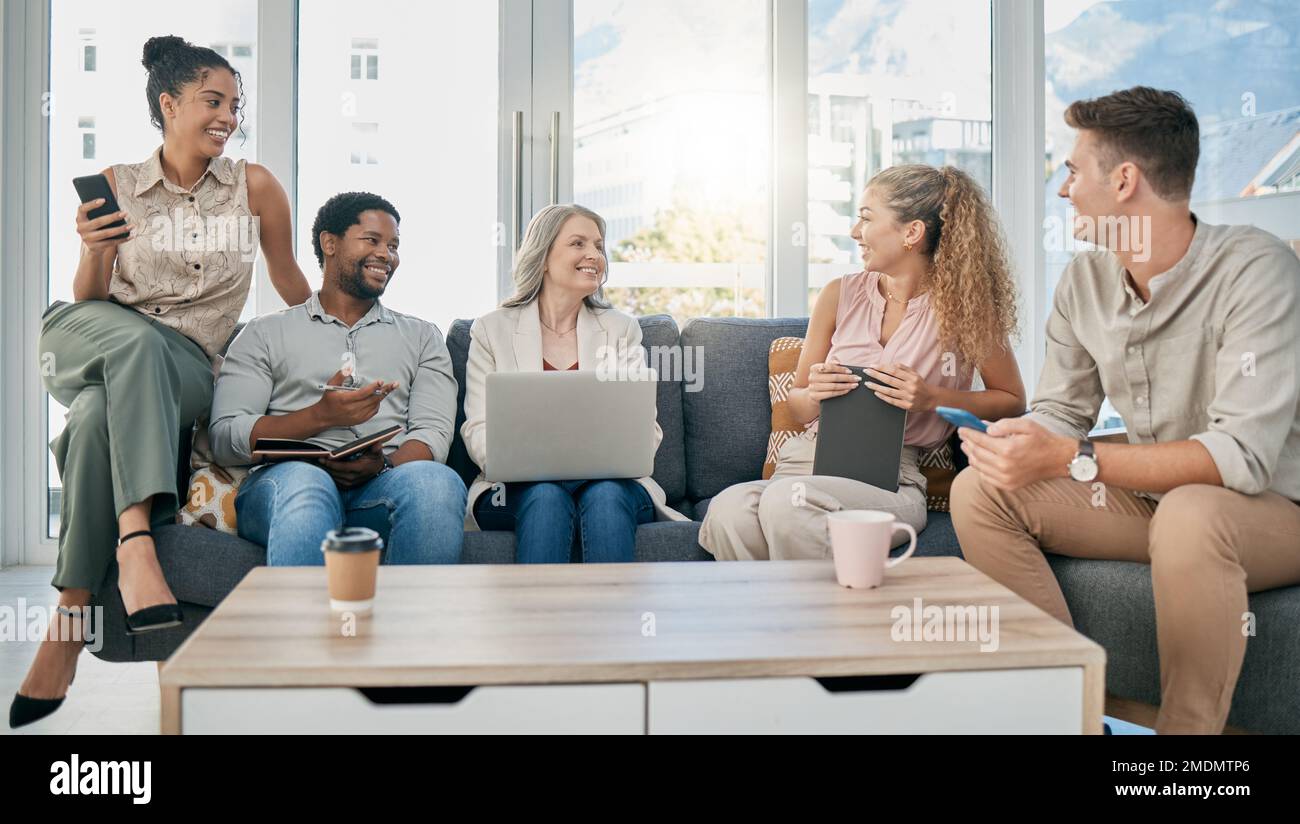 Team, laptop and creative meeting of sofa in modern office for web ...