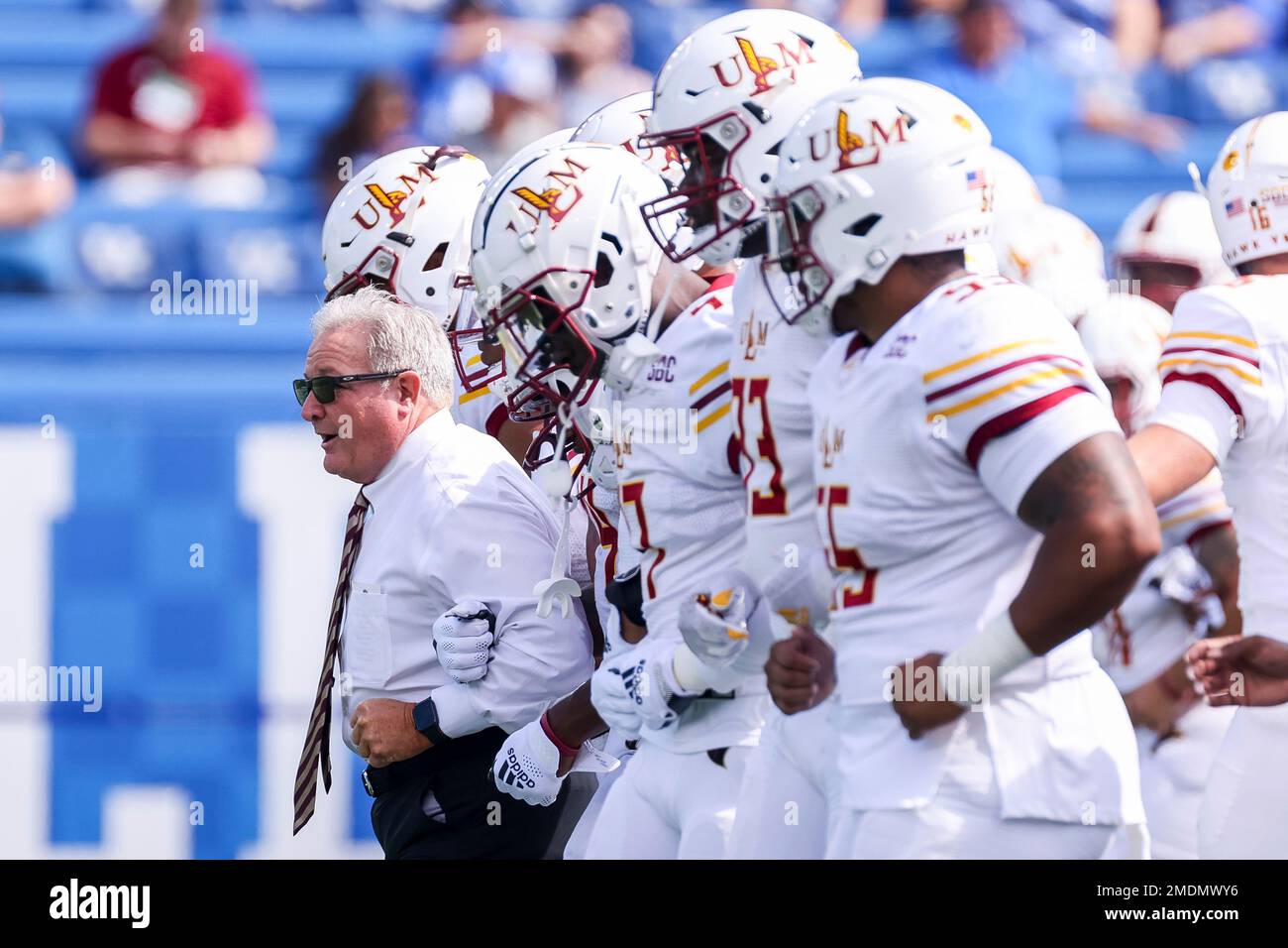 Louisiana-Monroe head coach Terry Bowden (left) walks the field with ...