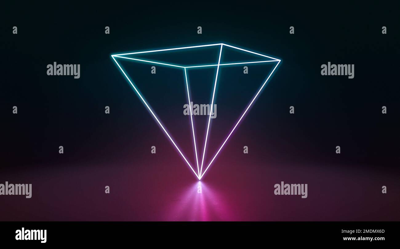 Colored neon glowing pyramid inverted stand in darkness Stock Photo - Alamy