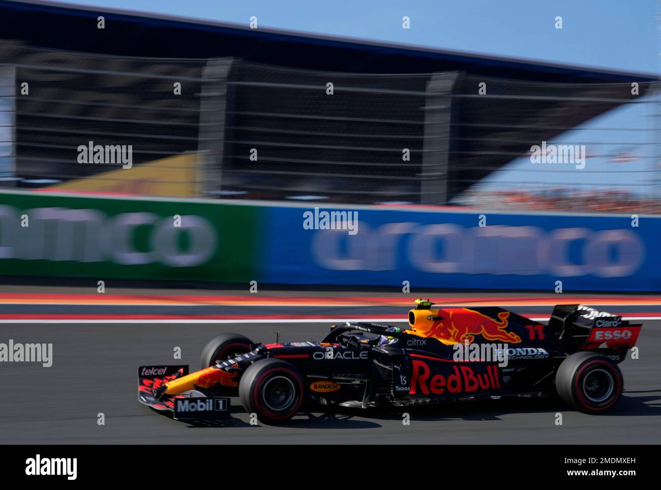 Red Bull driver Sergio Perez of Mexico steers his car during the Formula One Dutch Grand Prix ...