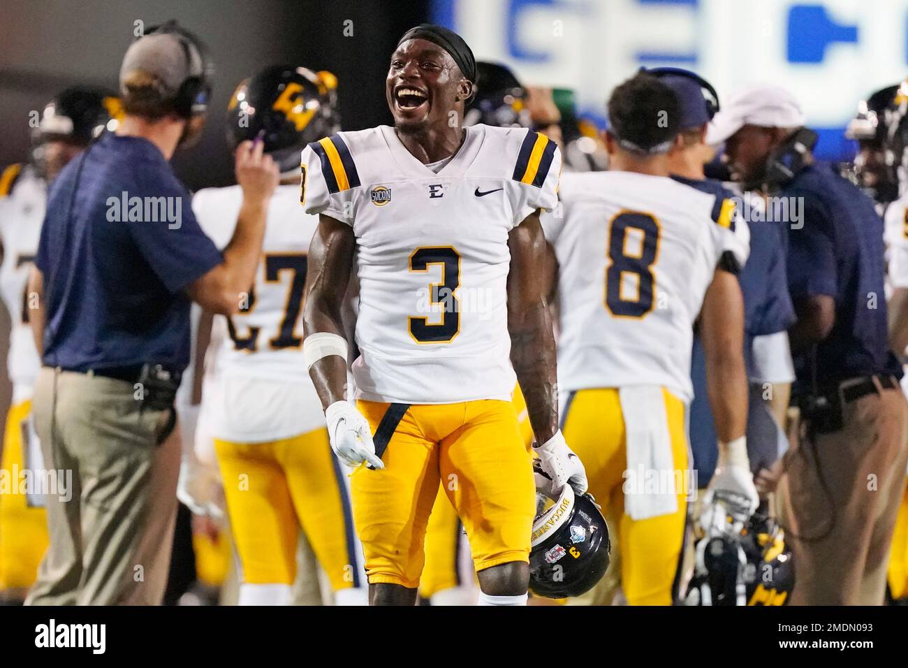 East Tennessee State defensive back Tyree Robinson (3) celebrates as ...
