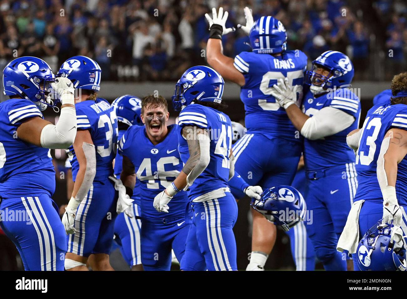 BYU celebrate after a missed field goal by Arizona during the second ...