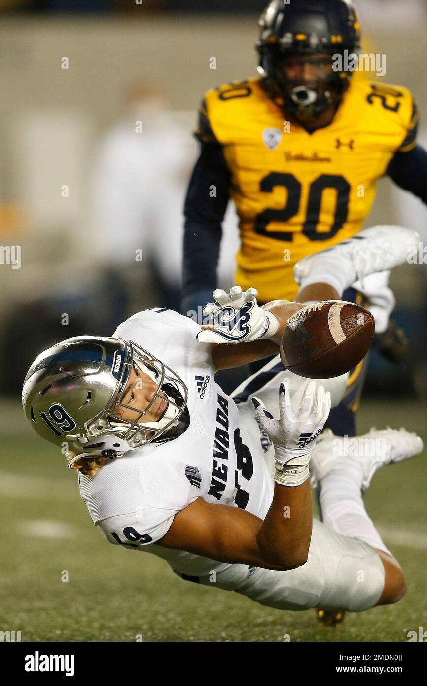 Nevada Wolf Pack tight end Cole Turner (19) is unable to hold onto a ...
