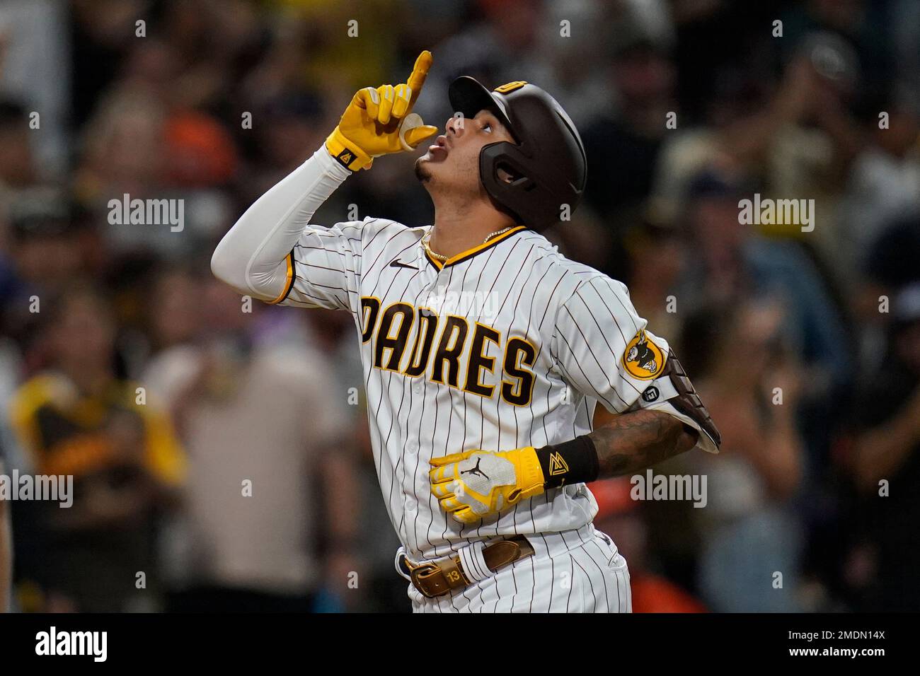 San Diego Padres' Manny Machado reacts after hitting a two-run home run ...
