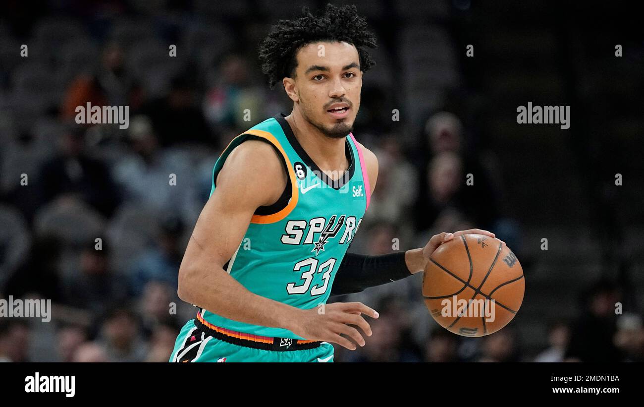 San Antonio Spurs guard Tre Jones (33) during the first half of an NBA ...