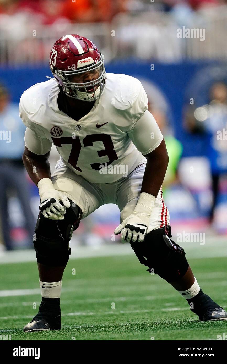 Alabama offensive lineman Evan Neal (73) is shown against Miami during ...