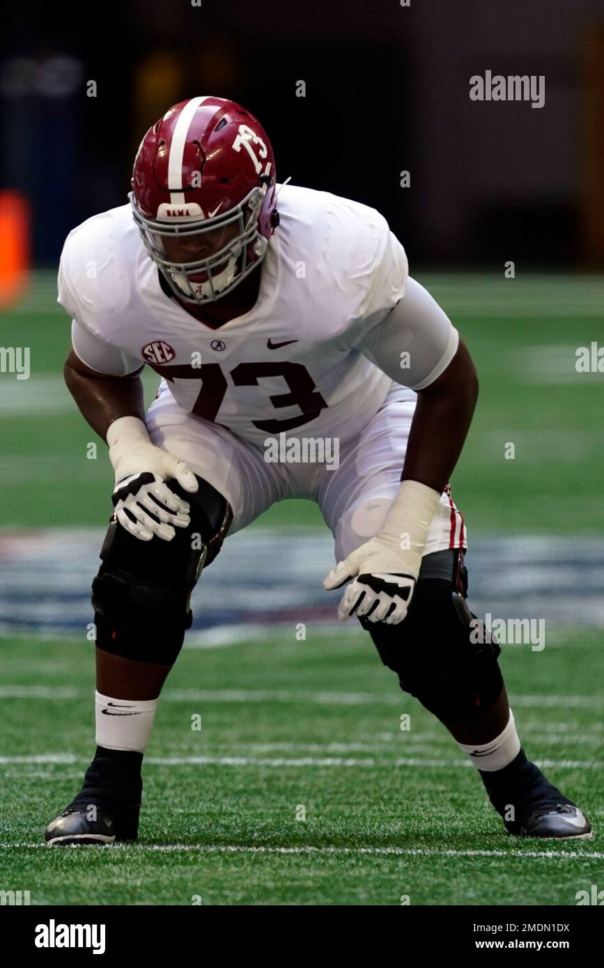 Alabama offensive lineman Evan Neal (73) is shown in action against the ...