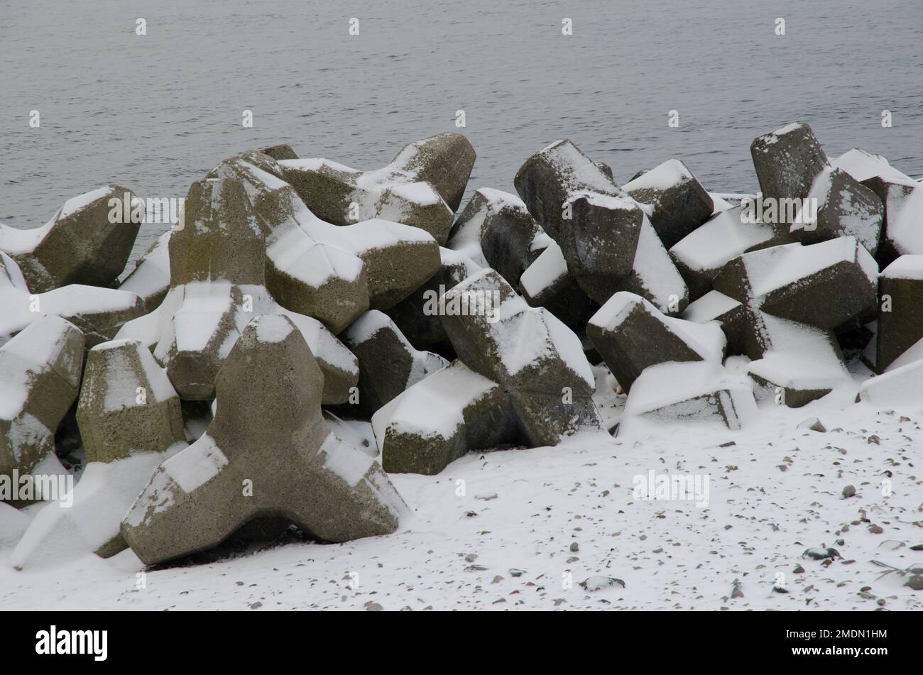 Snow covered breakwaters in Rausu. Nemuro Subprefecture. Shiretoko ...