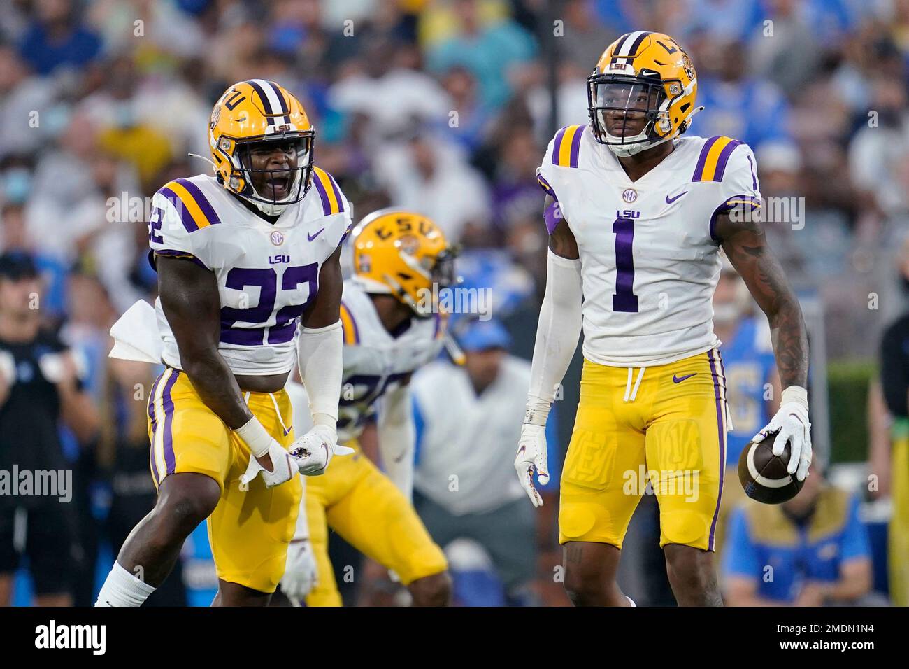 LSU cornerback Eli Ricks (1) holds the ball after intercepting a UCLA ...