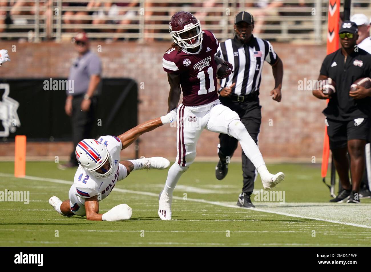 Mississippi State wide receiver Jaden Walley (11) pushes past Louisiana ...