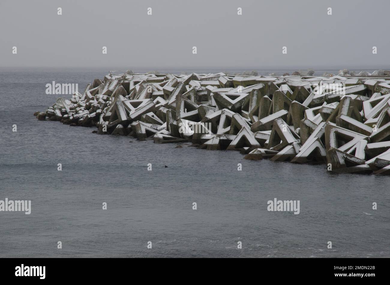 Snow covered breakwaters in Rausu. Nemuro Subprefecture. Shiretoko ...