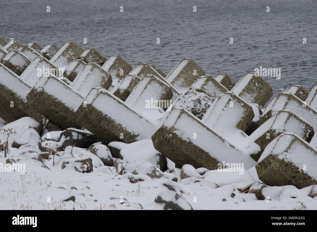 Snow covered breakwaters in Rausu. Nemuro Subprefecture. Shiretoko ...