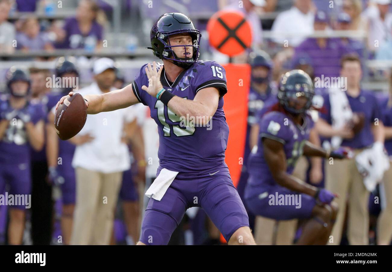 TCU quarterback Max Duggan (15) looks to throw against Duquesne during ...