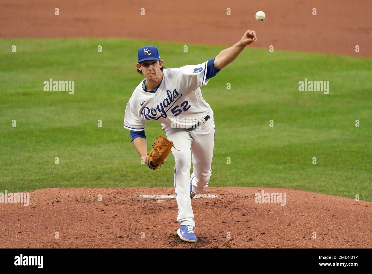 Kansas City Royals starting pitcher Daniel Lynch throws during the second inning of a baseball ...