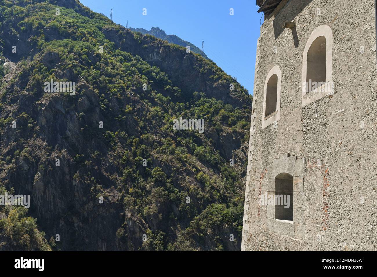 Architectural details of the historical fortress Fort Bard with a ...