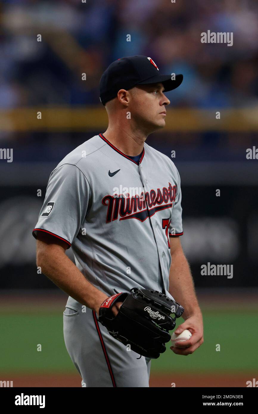 Minnesota Twins starting pitcher Andrew Albers reacts during a baseball ...