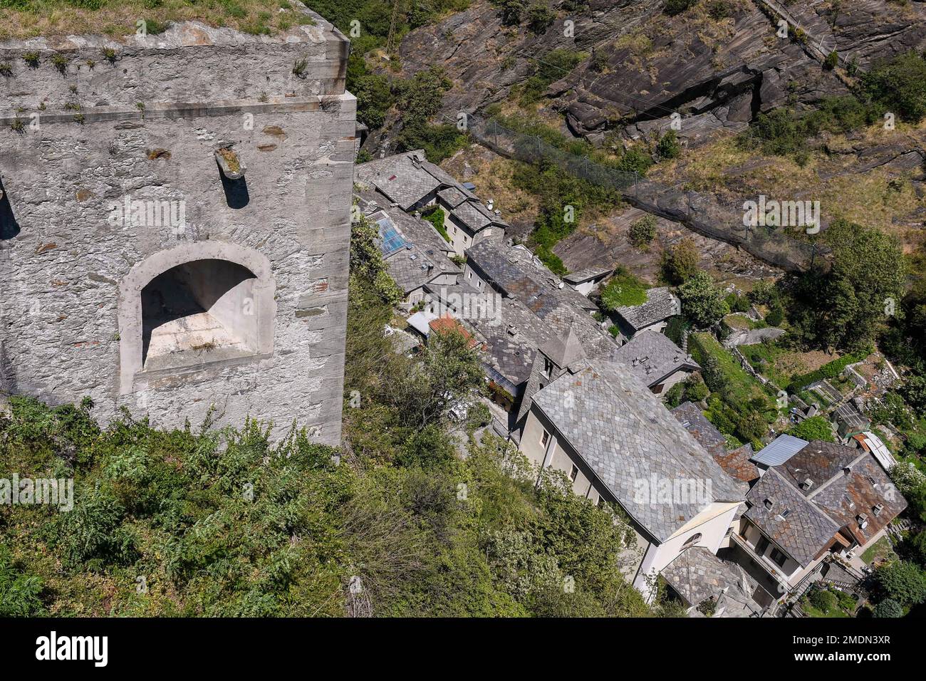 High-angle view of the alpine village at the foot of Fort Bard historic ...
