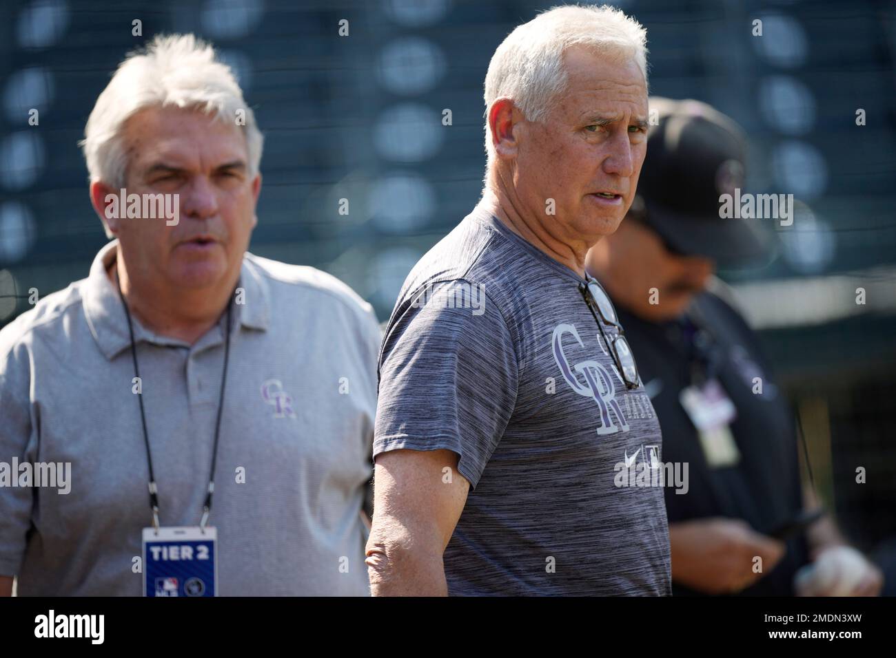 Colorado Rockies manager Bud Black, front right, talks with interim ...