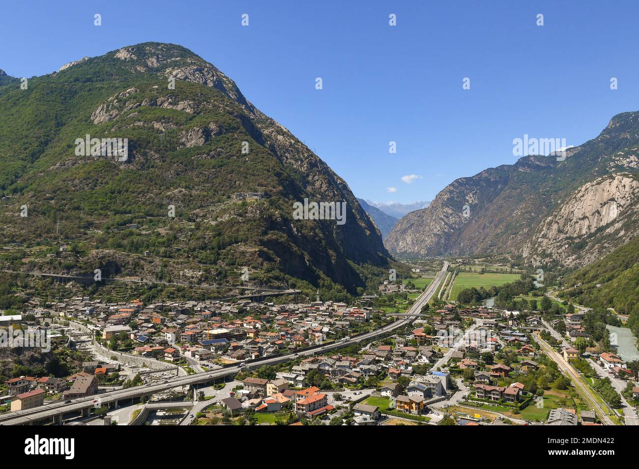Elevated view of the Arnad valley from Fort Bard, with the village of ...