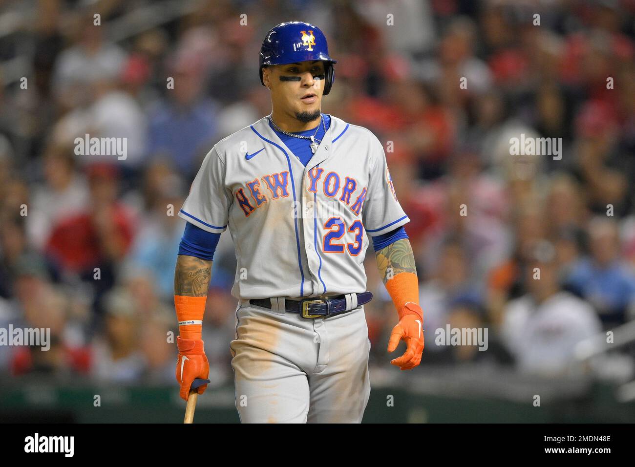 New York Mets' Javier Baez looks on during a baseball game against the ...