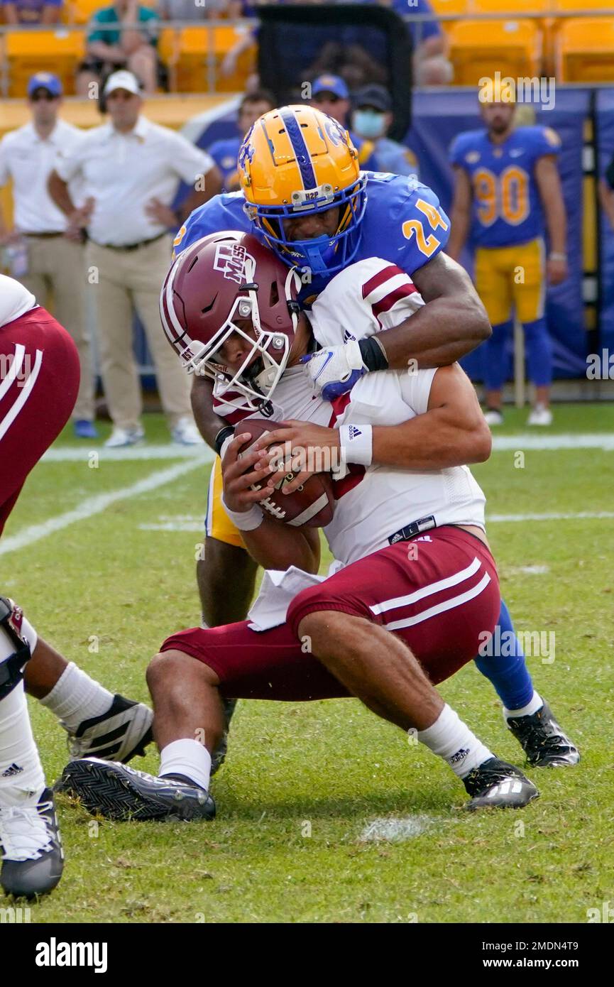 Pittsburgh linebacker Phil Campbell III (24) sacks Massachusetts ...