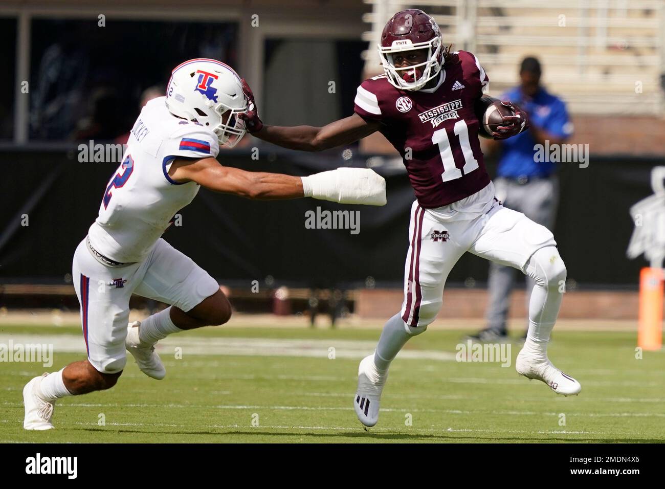 Mississippi State wide receiver Jaden Walley (11) pushes past Louisiana ...