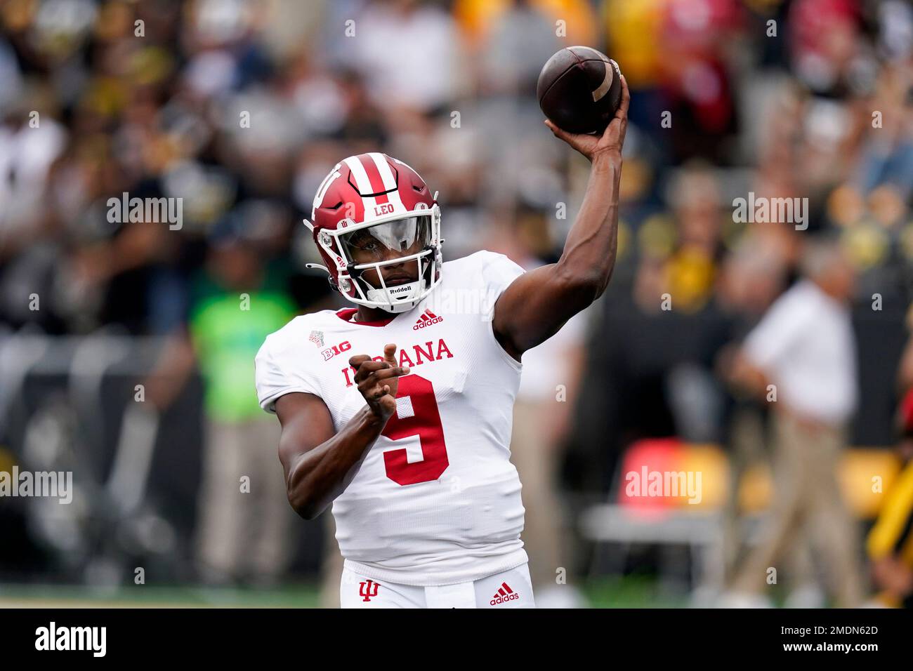 Indiana quarterback Michael Penix Jr. (9) warms up before an NCAA college football game against ...
